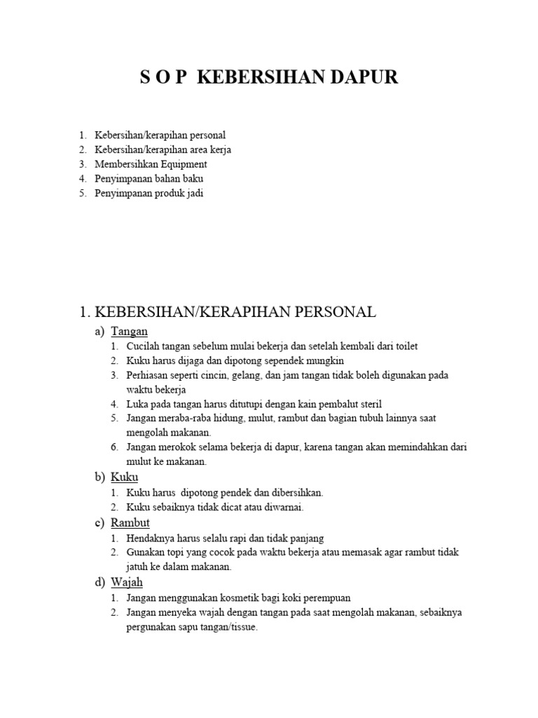 SOP Kebersihan Dapur yang Efektif | PDF | Memasak, Makanan, & Anggur