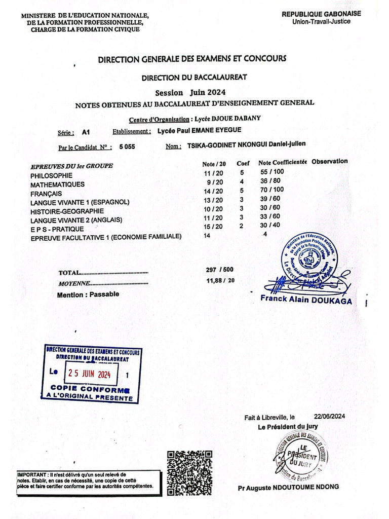 Bac 2024 Bulletin de Notes | PDF