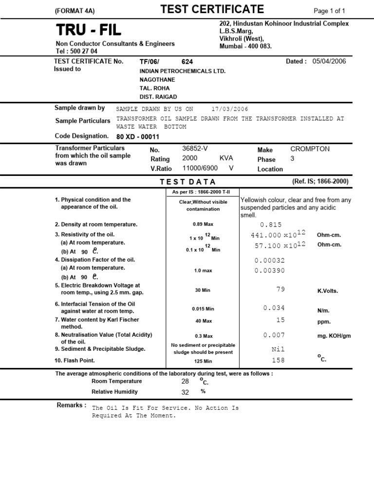 15 Transformer Oil Certificate OST | PDF | Transformer | Electrical Resistivity And Conductivity