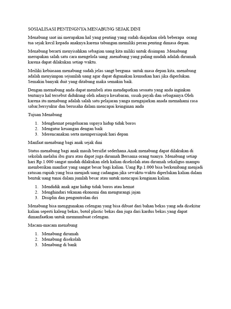 Sosialisasi PENTINGNYA MENABUNG SEJAK DINI | PDF | Karier ...