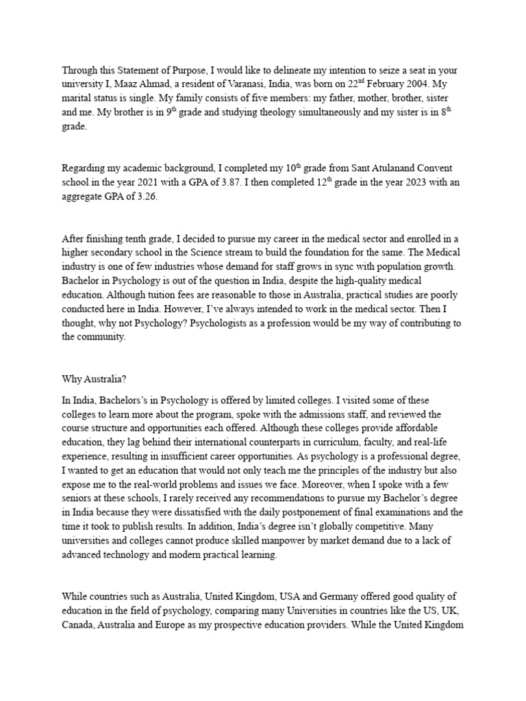 Sop Document | PDF | Psychology | Bachelor's Degree