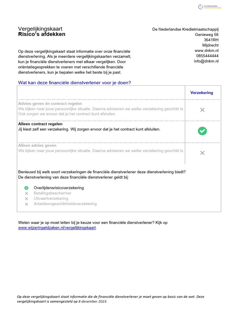 Vergelijkingskaart Risicos Afdekken DNKM | PDF