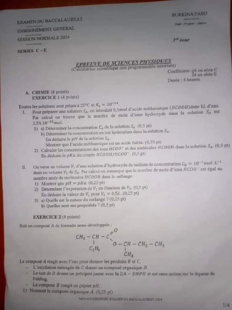 Sujet Bac 2024 Physique Chimie Serie C | PDF