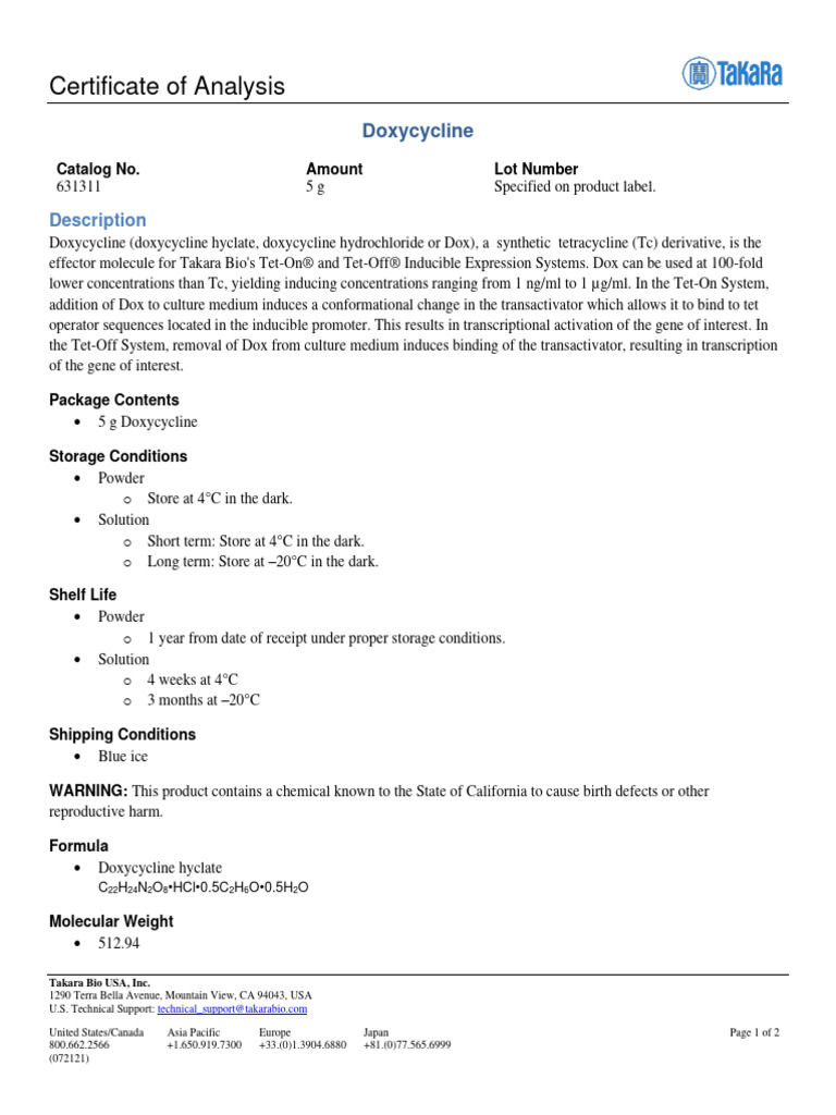 Certificate of Analysis: Doxycycline | PDF | Biochemistry | Chemistry