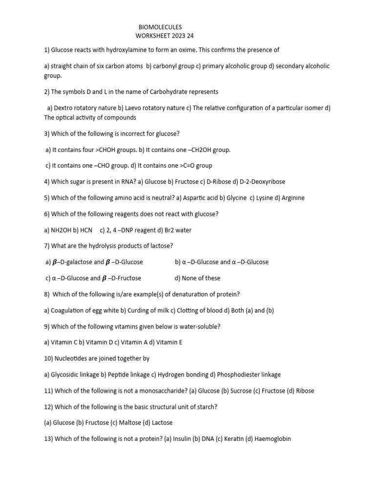 BIOMOLECULES MCQ and Assertion | PDF | Proteins | Glucose