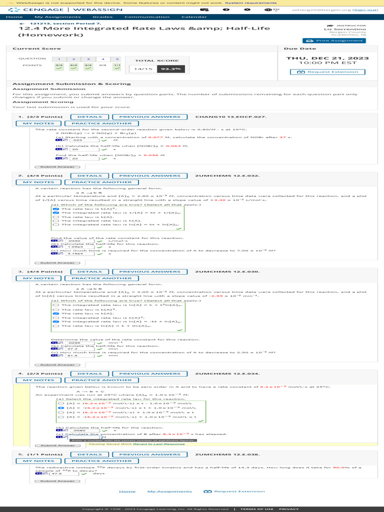 12.4 More Integrated Rate Laws & Half-Life - 121213, Section Period 7 ...