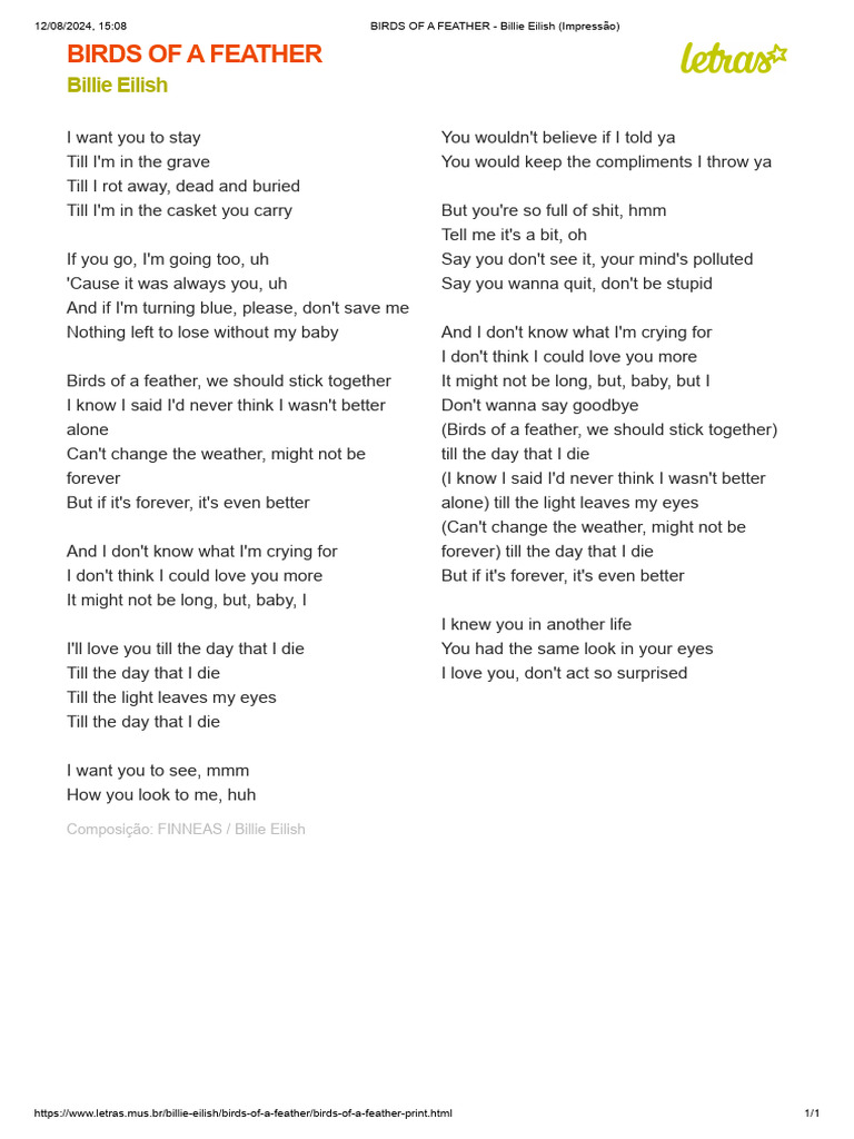 Billie Eilish: Birds of a Feather Lyrics | PDF