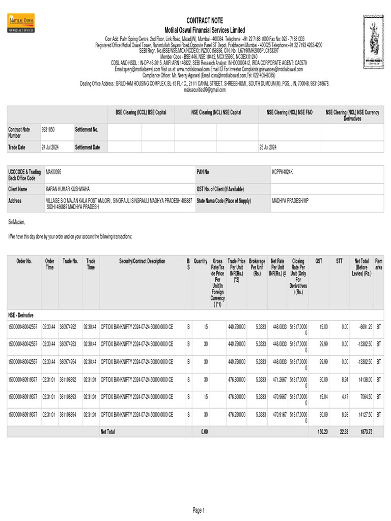 Motilal Oswal Contract Note - July 2024 | PDF | Reserve Bank Of India ...