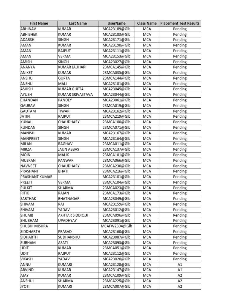 Placement Test Results - 12-08-24 | PDF