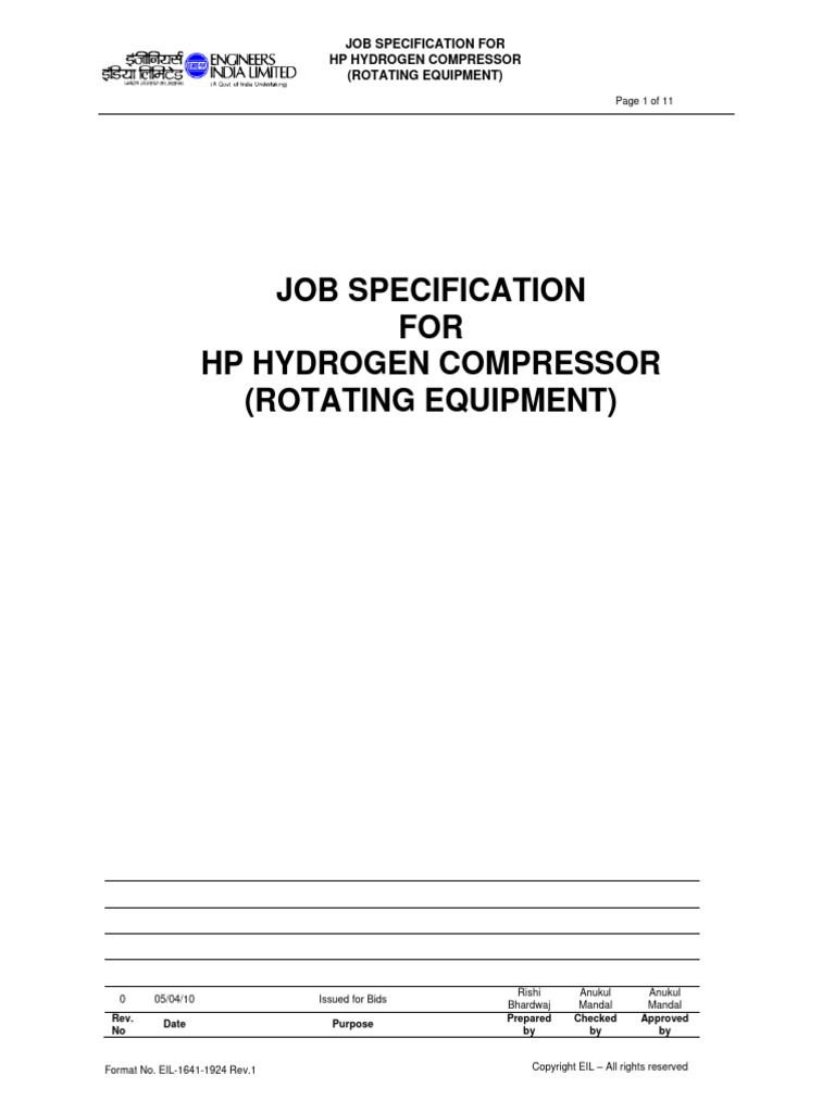 Job Specification For HP Hydrogen Compressor - Rotating Equipment | PDF ...