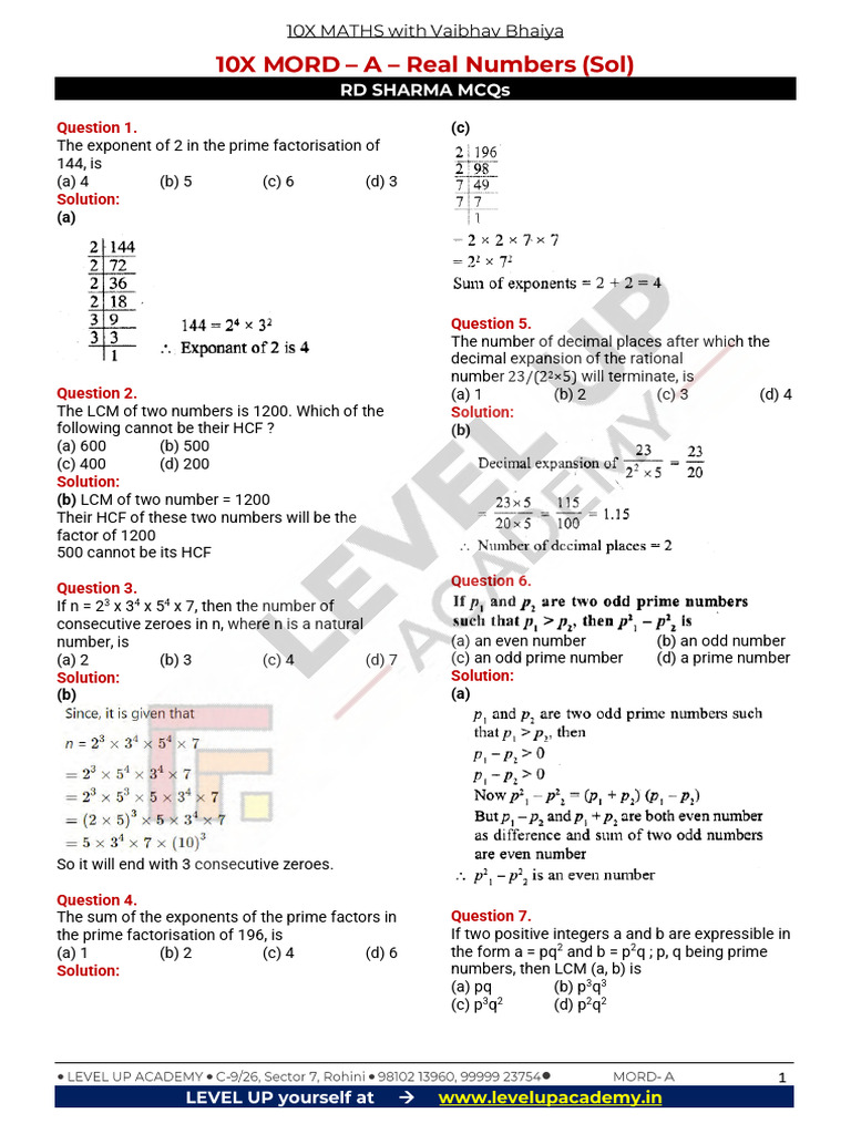 10X MORD - A - Real Numbers (Sol) | PDF | Numbers | Factorization