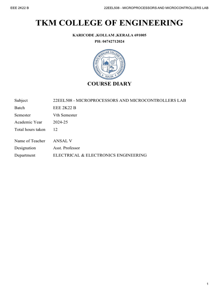 Coursediary - 22eel508 - Microprocessors and Microcontrollers Lab | PDF | Engineering ...