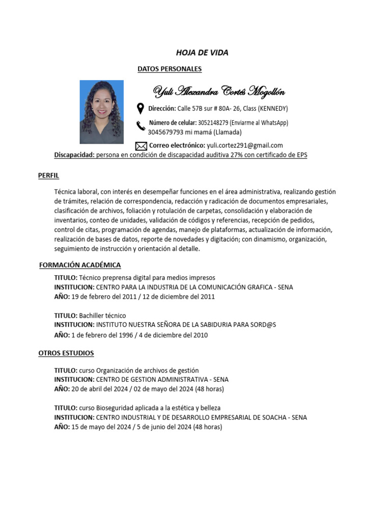 Hoja de Vida Yuli Cortés: Auxiliar Admin. | PDF | Informática