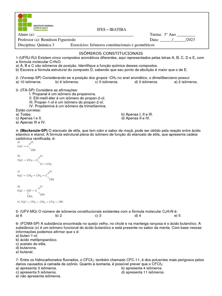 Lista-Exer-15-Qui-3ano-23-2 - Isômeros Constitucionais e Geométricos | PDF | Isômero | Compostos ...
