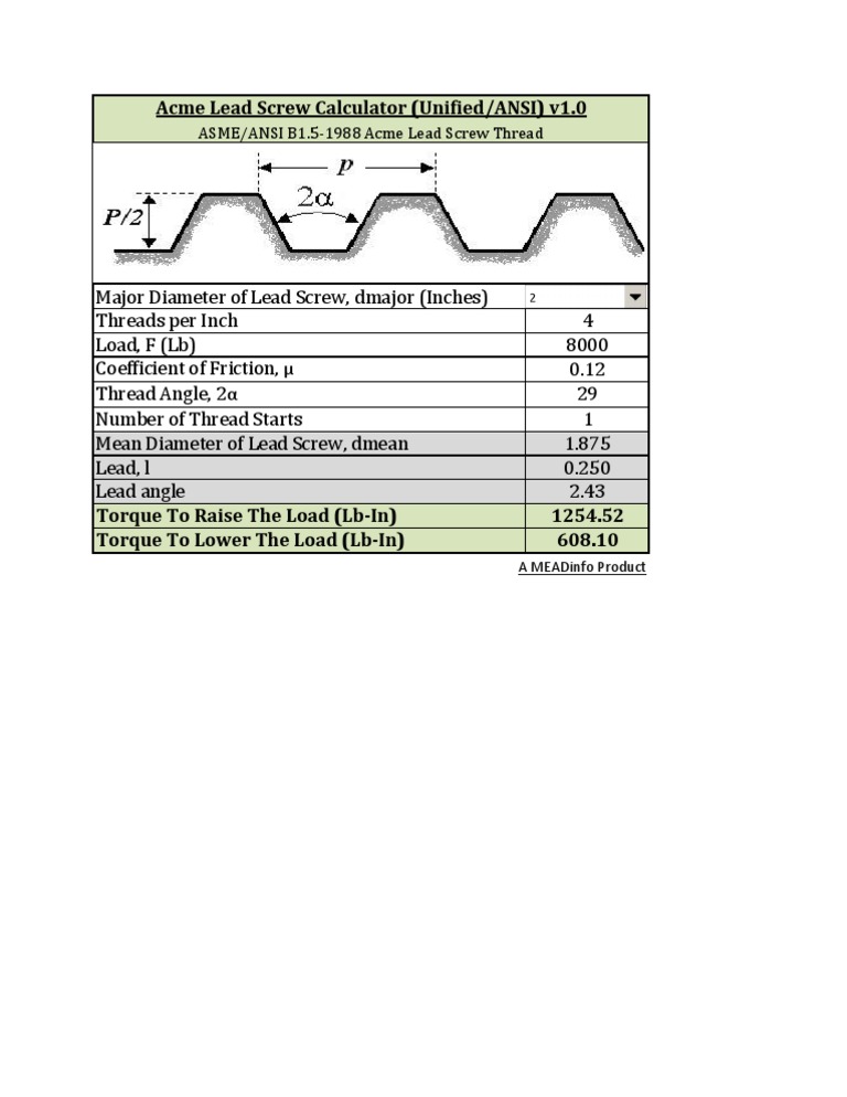 Acme Lead Screw Calculator - Unified - ASME - ANSI - B1.5 - 1988 | PDF