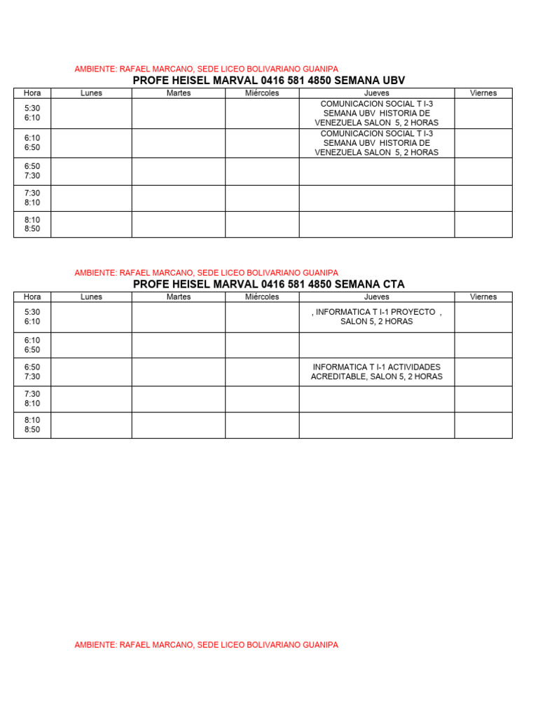 Horarios Ubv y Cta 2024 I | PDF