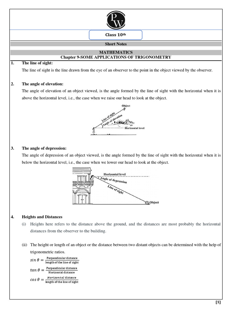 Short Note Some Applications of Trigonometry - 10th - Mathematics ...
