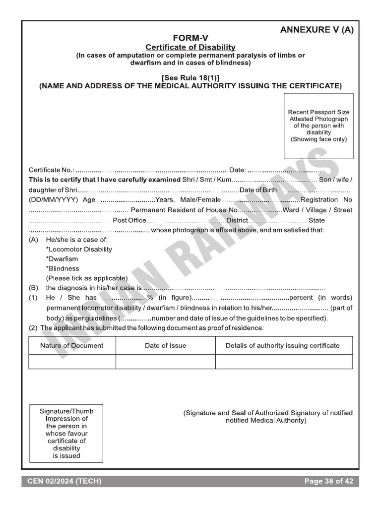 Disability Certificate Form-V CEN 02-2024 - Annexure-VA | PDF