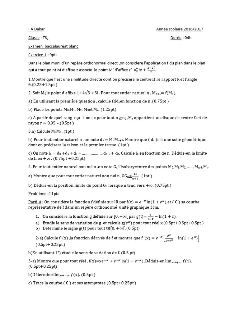 Bac Blanc Mathematiques Ts2 2016-2017 Senegal | PDF | Objets ...