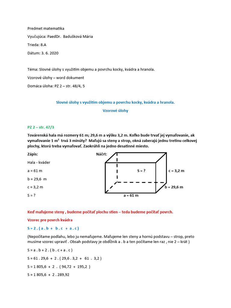 8 R M 3 6 Slovné Úlohy S Využitím Objemu A Povrchu Kocky, Kvádra A Hranola Vzorové Úlohy ...