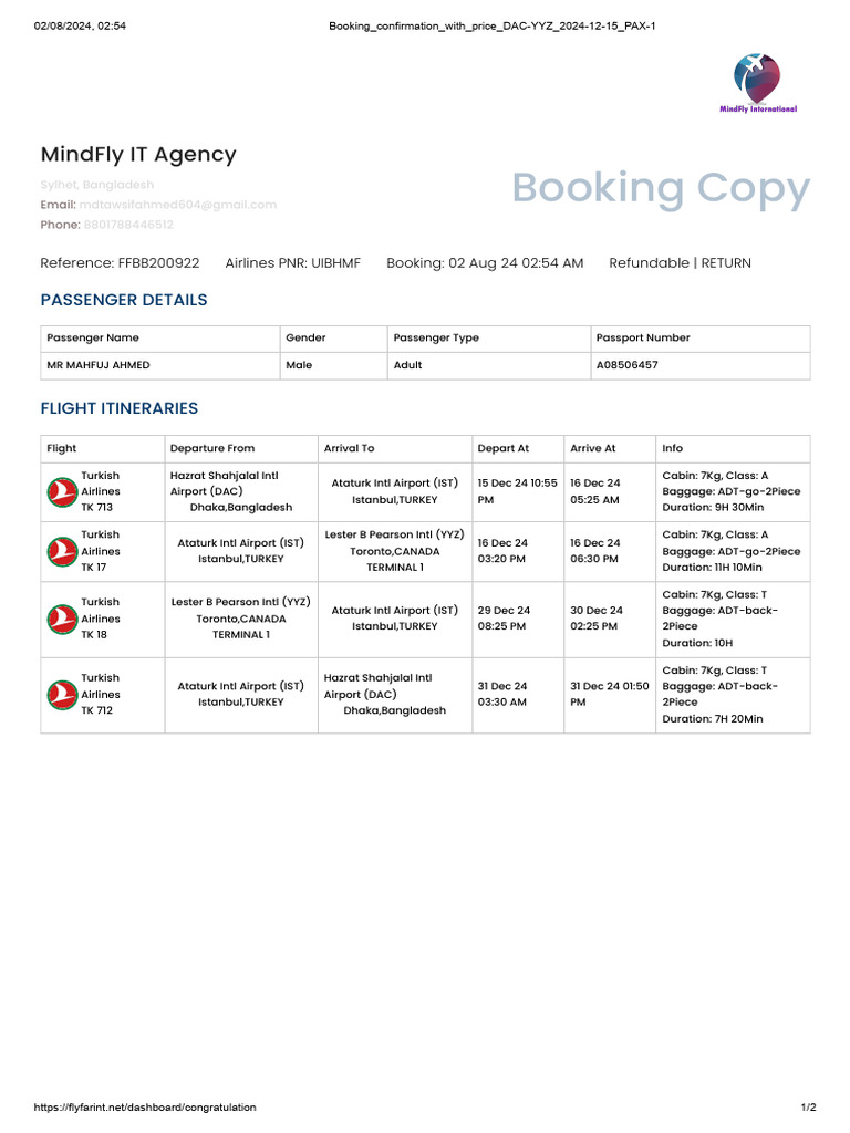 Flight Booking Confirmation DAC-YYZ | PDF | Aviation | Transport