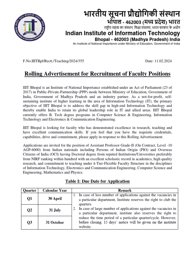 Detailed Rolling Advertisement For Faculty Positions 2024 IIIT Bhopal | PDF | System On A Chip ...
