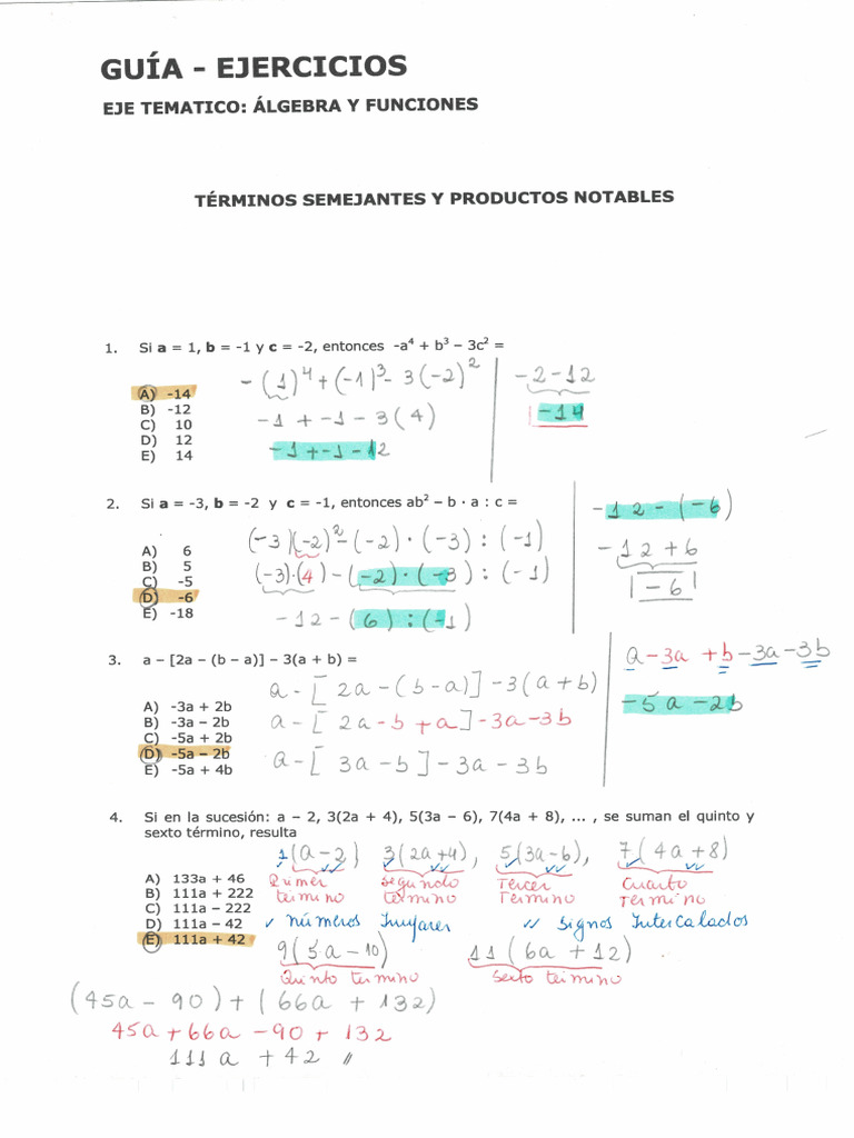 4) (A) Terminos semejantes y productos notables (P) - Solucionario | PDF