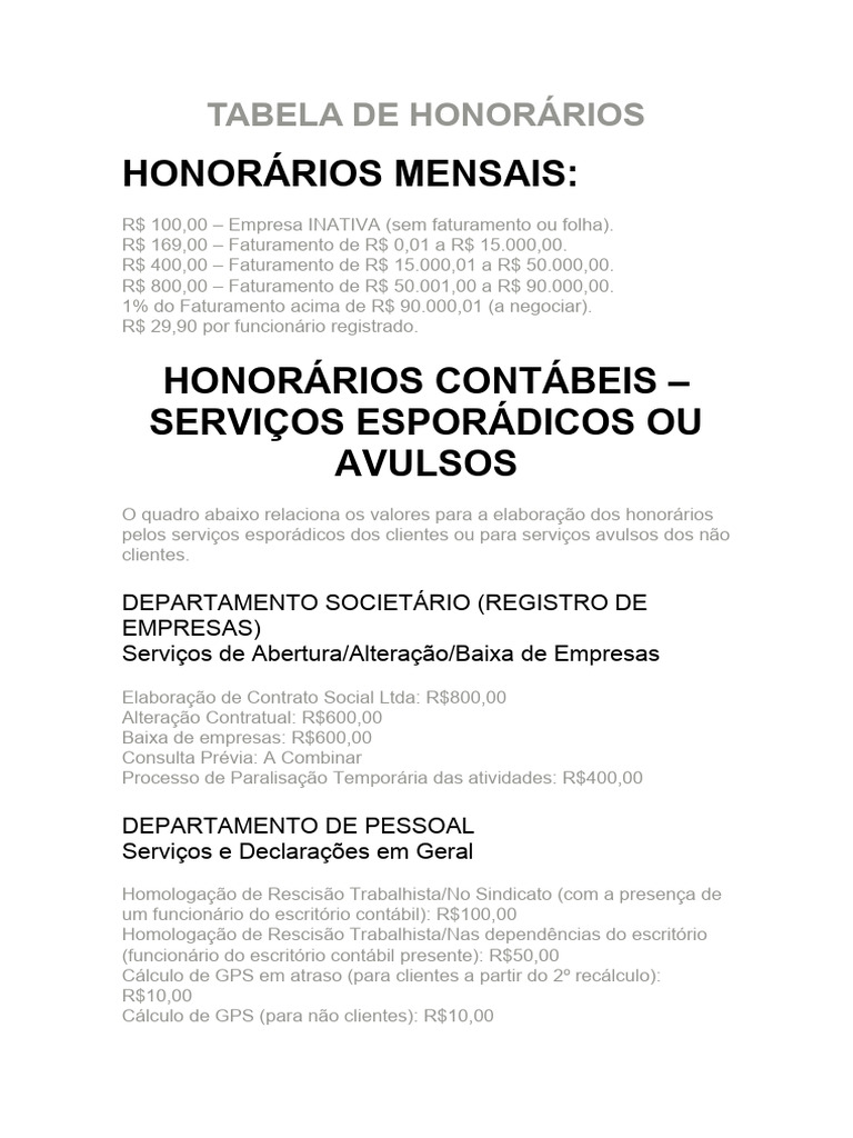 Tabela de Honorários | PDF | Recibo | Contabilidade