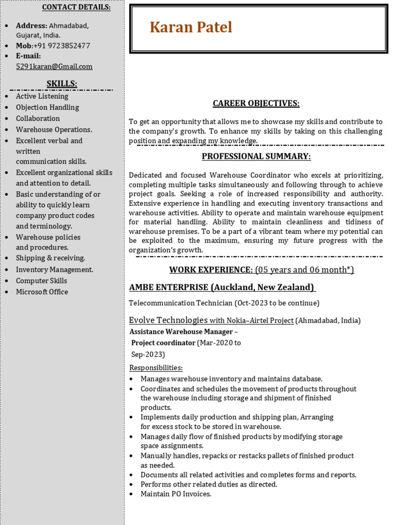 Karan Patel: Skills: Career Objectives | PDF | Warehouse | Inventory