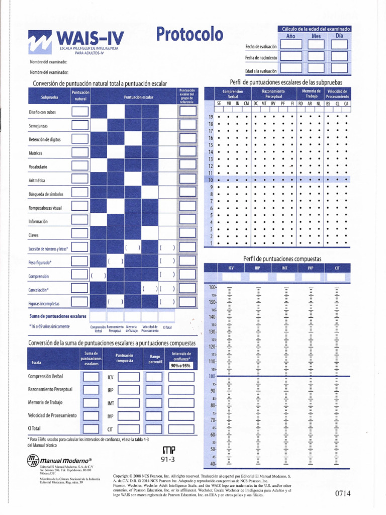 Wais-Iv Protocolo | PDF | Escala de inteligencia para adultos de ...