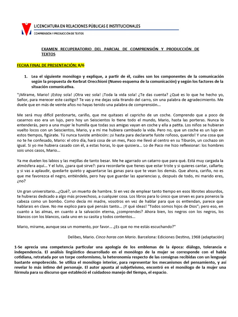 Examen Recuperatorio Del Parcial de Comprensión y Producción de Textos | PDF | Estudios de ...