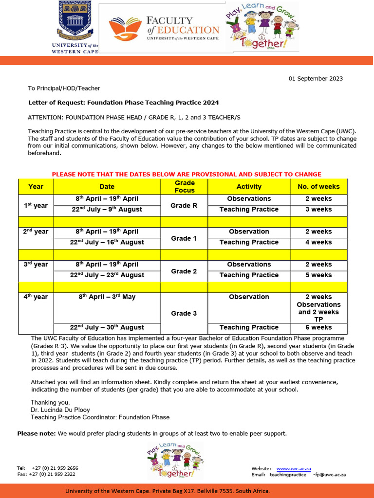 Provisional UWC TEACHING PRACTICE PLACEMENT REQUEST LETTER FOR 2024 ...