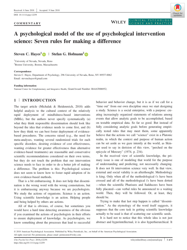 A Psychological Model of The Use of Psychological Intervention Science ...