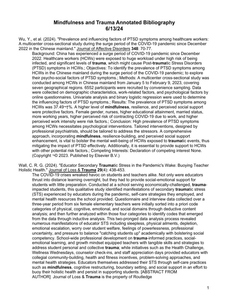Mindfulness and Trauma Annotated Bibliography 2 | PDF | Psychological Trauma | Mindfulness