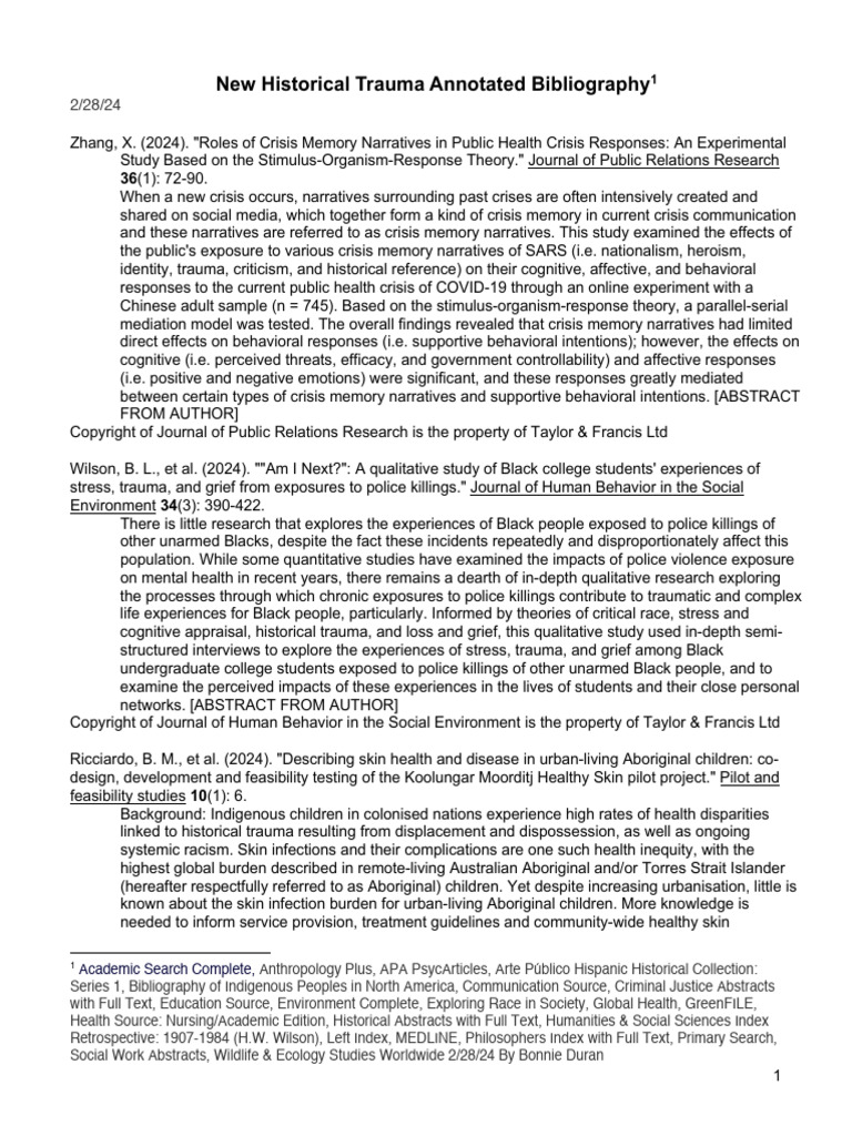 New Historical Trauma Annotated Bibliogr | PDF | Psychological Trauma ...