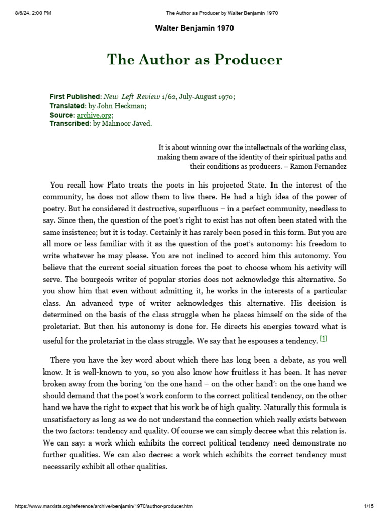 Walter Benjamin: Author as Producer | PDF | Intellectual | Bourgeoisie