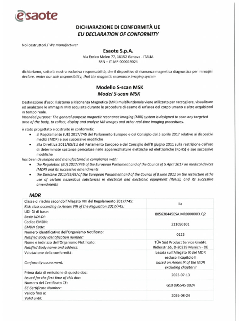 EU MDR Declaration of Conformity S-Scan MSK ECC000340-01 | PDF
