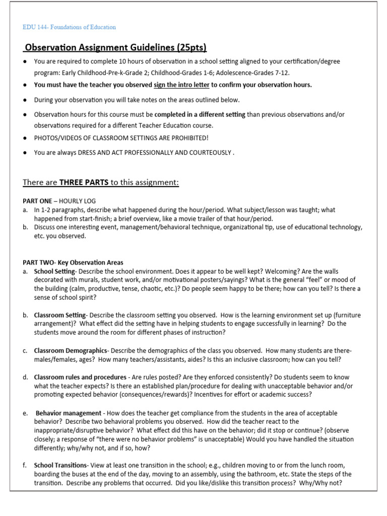 EDU 144 Observation Assignment Guidelines-2 | PDF | Teachers | Classroom