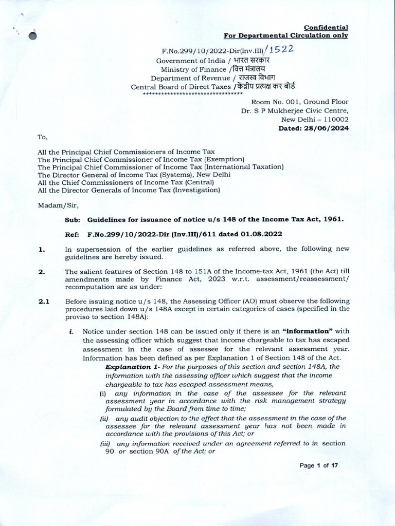 Guidelines For Issuance of Notice U S 148 of The Income Tax Act | PDF