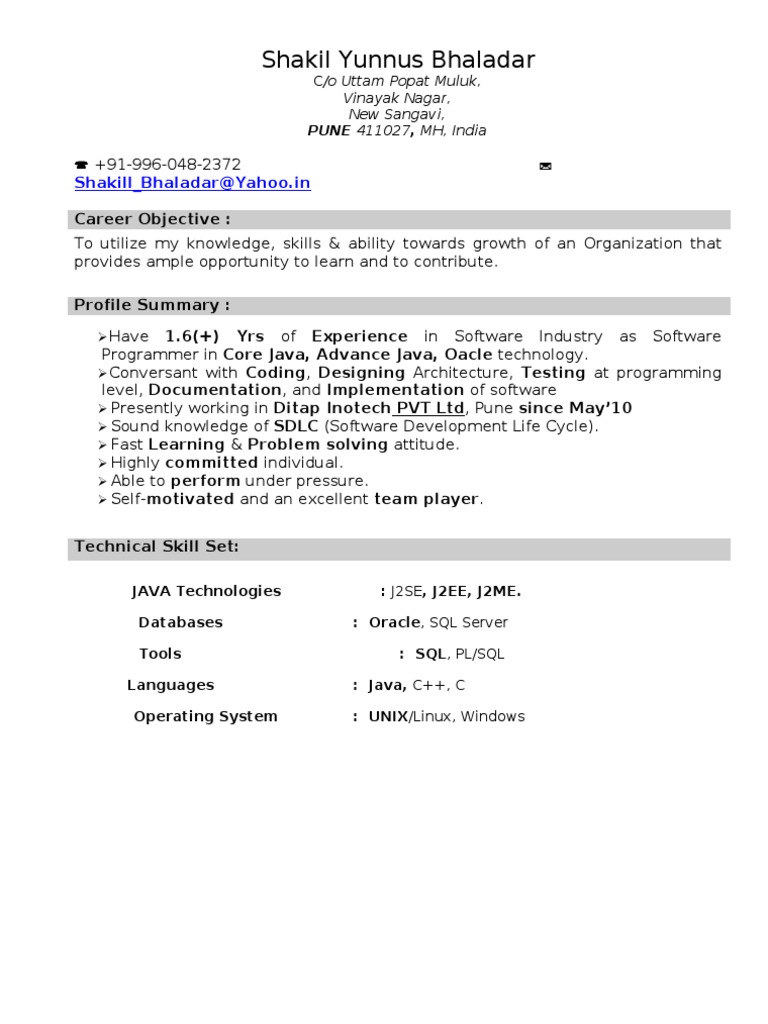 Resume of Shakil-Bhaladar Sw-Engg Java 1.6 Yrs-Exp MSC CS PUNE-2 | PDF ...