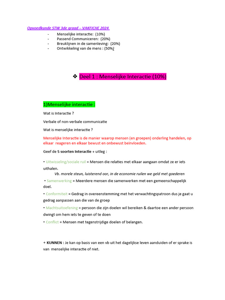 Opvoedkunde STW 3de Graad - VAKFICHE 2024 - 2 Eerste Hoofdstukken | PDF