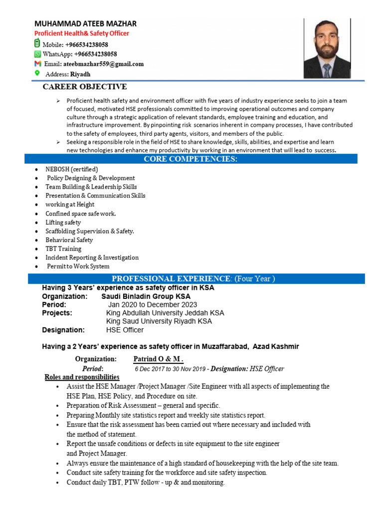 Ateeb Mazhar Cv.. | PDF | Safety | Occupational Safety And Health