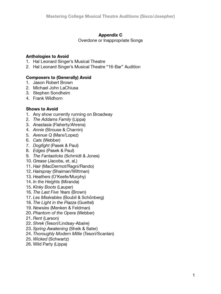 Appendix C Overdone Songs | PDF | Musical Theatre | Broadway Theatre