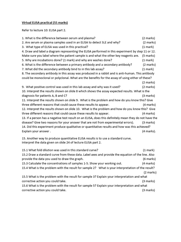 ELISA Prac Questions 2024 - 1563872513 | PDF | Elisa | Laboratory ...