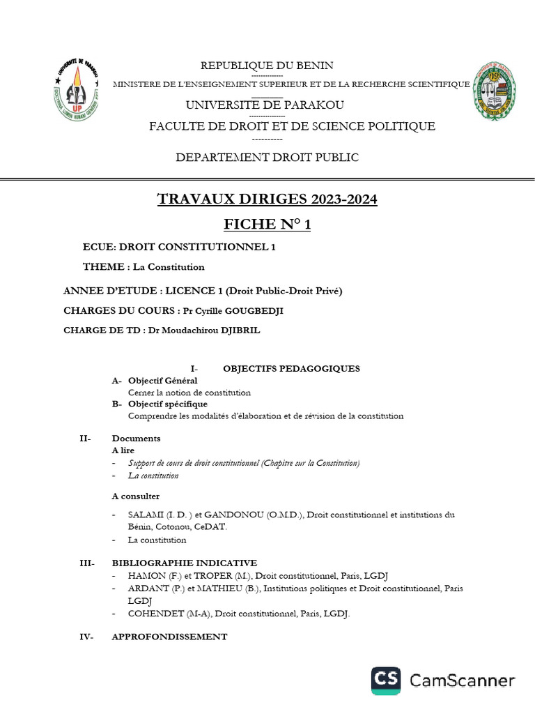 Fiches de TD L1 2023-2024 | PDF | Constitution | Gouvernement