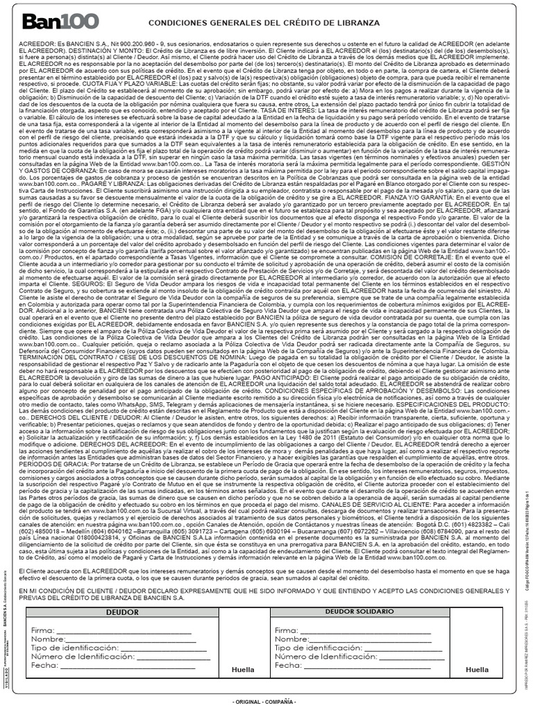 Condiciones Generales Ban100 Tamaño Carta Nov 2023 | PDF | Seguro | Pagos