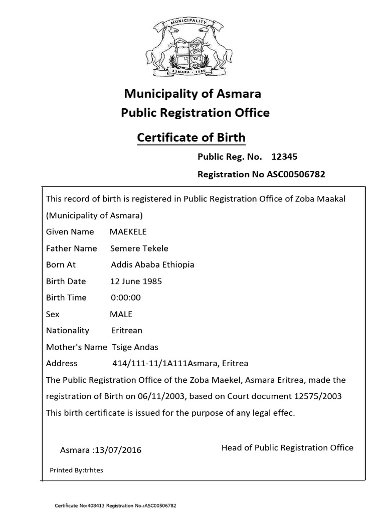 Municipality of Asmara Public Registration Office Certificate of Birth ...