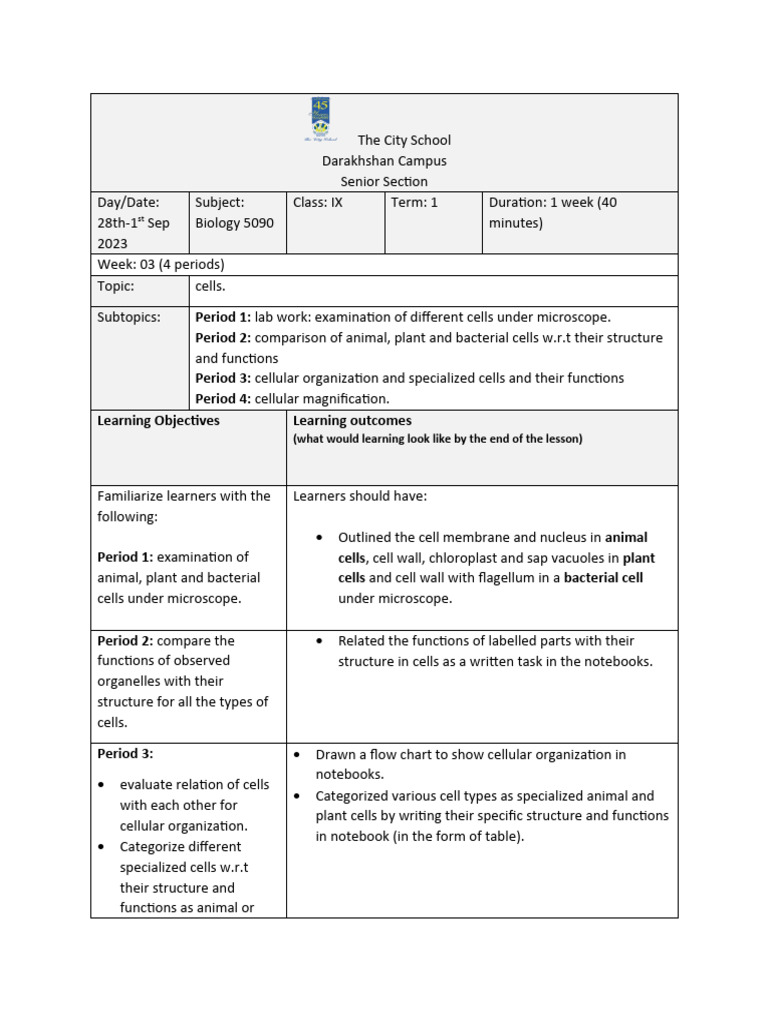grade 9 week 3 cells (2) | PDF | Cell (Biology) | Learning