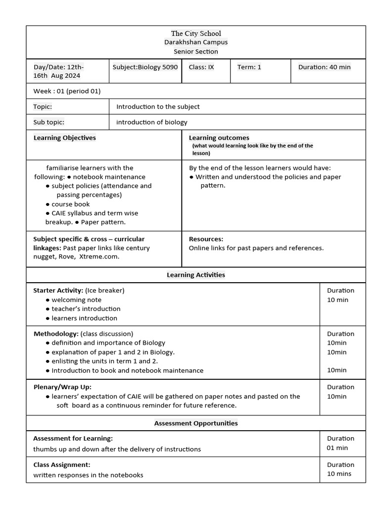 Grade 9 Week 1 Lesson Plan | PDF | Learning | Cell (Biology)