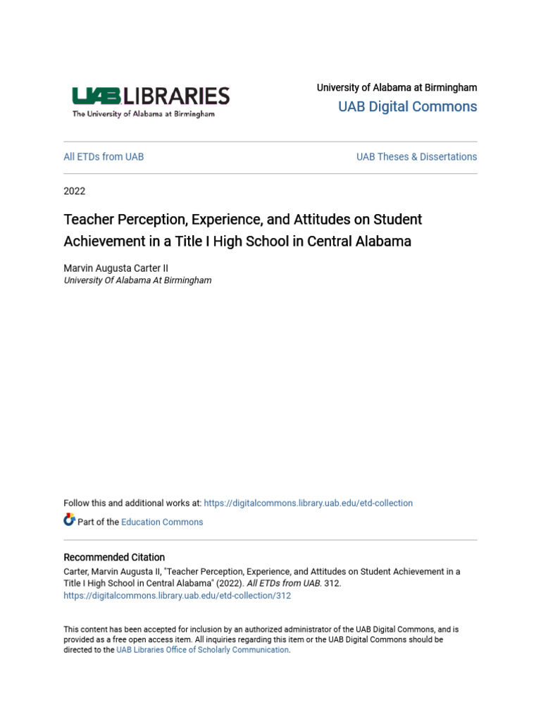 Teacher Perception Experience and Attitudes On Student Achievem | PDF ...